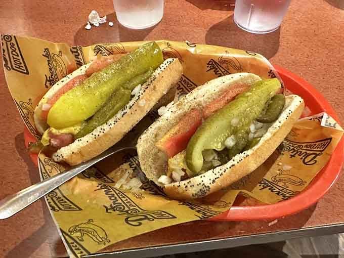 Chicago-style dogs done right, poppy seed buns, sport peppers, and enough toppings to make the Windy City proud.