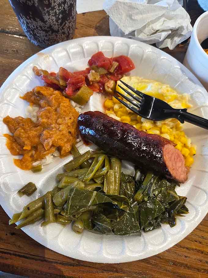 Smoked sausage, collard greens, okra and tomatoes, and corn, this plate is a Southern grandmother's greatest hits.