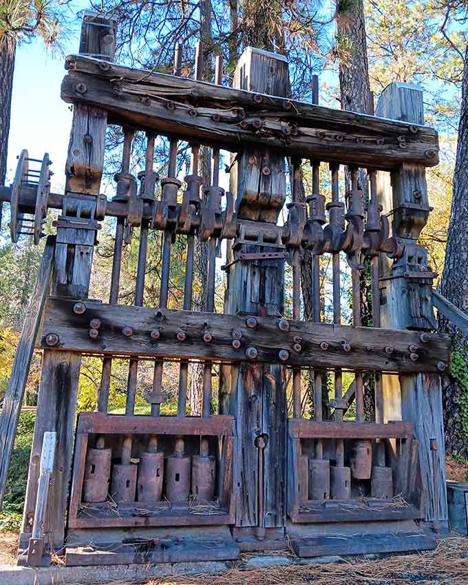 This towering wooden stamp mill crushed rock and dreams alike. Mostly rock, thankfully.