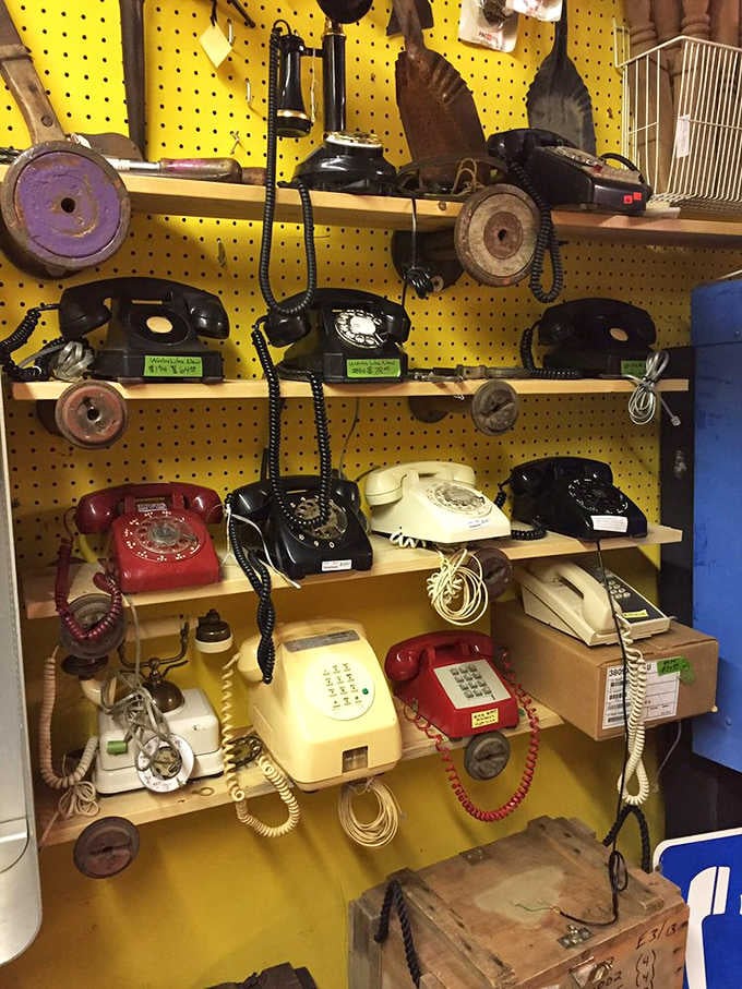 Rotary phones in every color, because apparently someone once decided avocado green was a perfectly reasonable choice for a telephone.