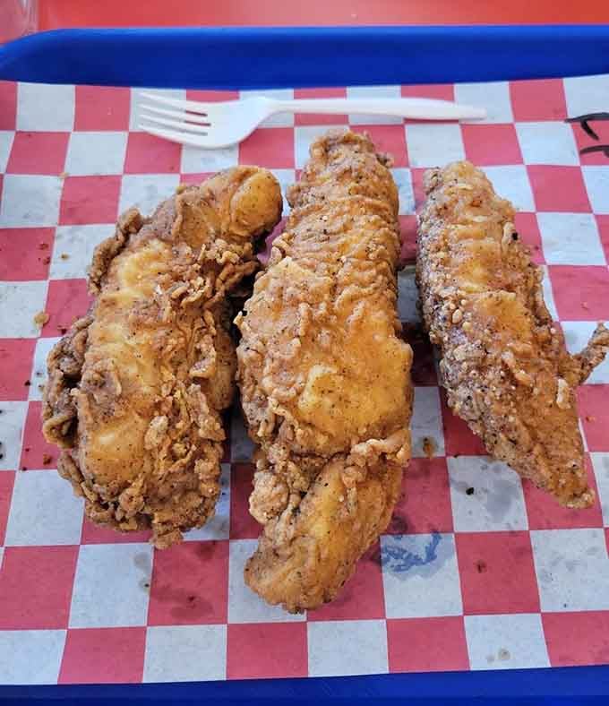 Golden tenders lined up like edible treasure, each one a crispy testament to the art of frying done right.
