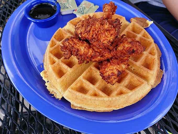 Chicken and waffles: the sweet-savory marriage that proves opposites attract and create delicious offspring together.