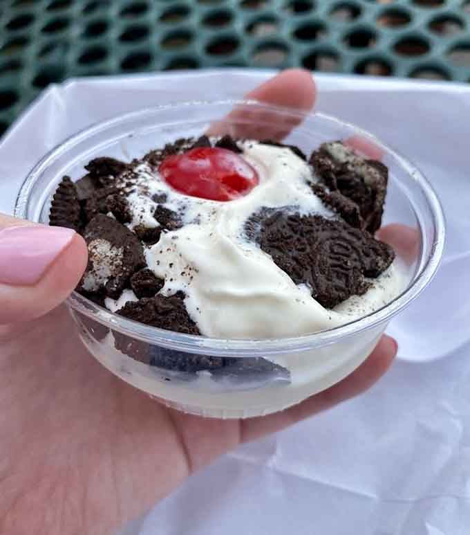 Vanilla custard buried under crushed Oreos and a cherry on top. Simple pleasures, executed with total confidence.