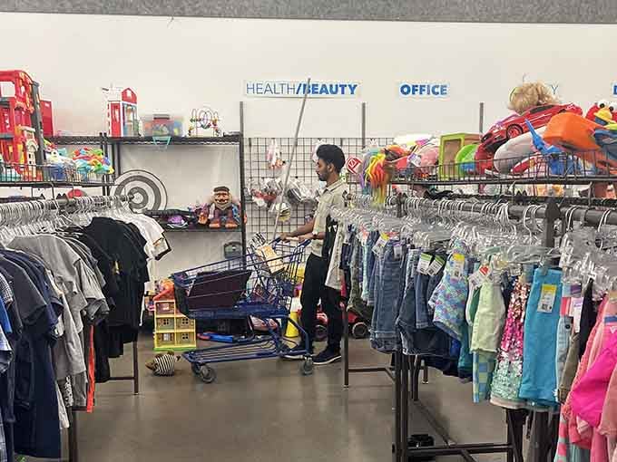One shopper's focused mission says it all, health, beauty, office supplies, and kids' clothes all within arm's reach.