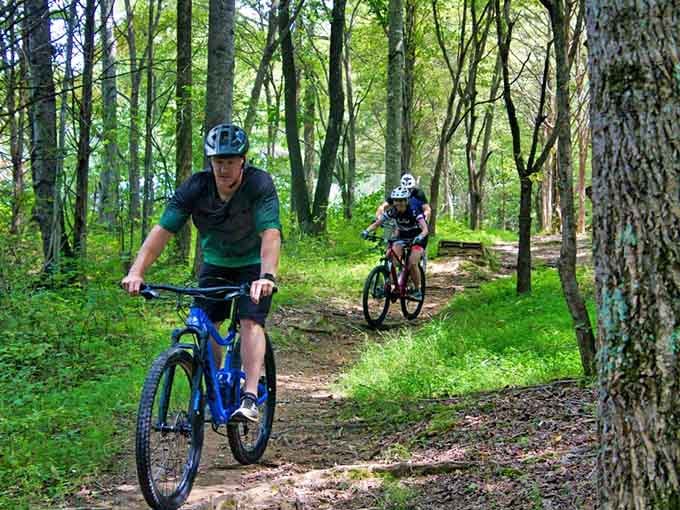 These trails wind through the woods like nature's own obstacle course, and nobody here looks even slightly sorry about it.