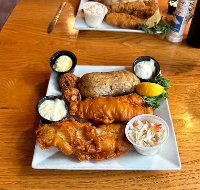 Golden, crispy fish and chips that prove Hall's knows their way around seafood, even this far from the ocean.
