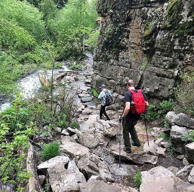 These hikers navigate rocky terrain with trekking poles, proving that getting older means getting smarter about knees.