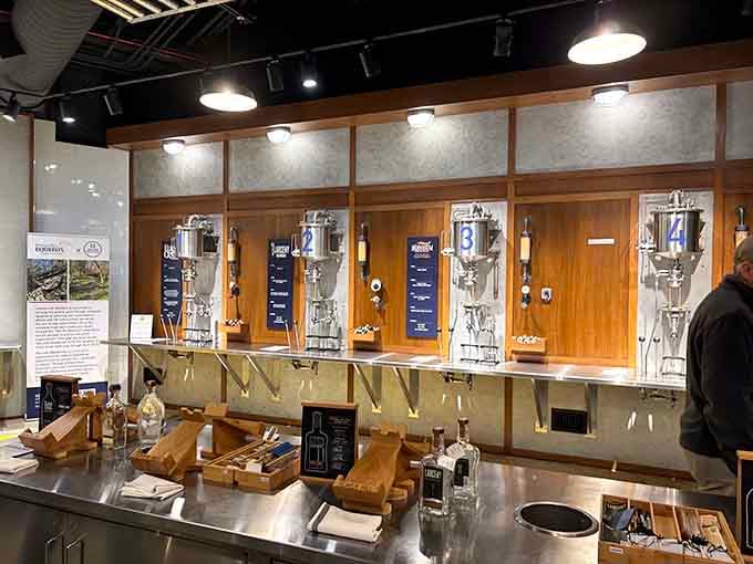 Four mini stills, one long counter, and a whole lot of bourbon knowledge waiting to be poured out.