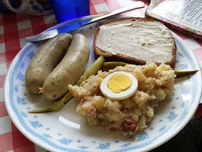 Weisswurst with homemade potato salad and a hard-boiled egg, simple, honest, and deeply satisfying.