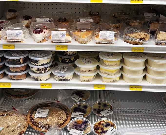 Pies and desserts stacked like edible treasure in a refrigerated case, each one calling your name louder than the last.