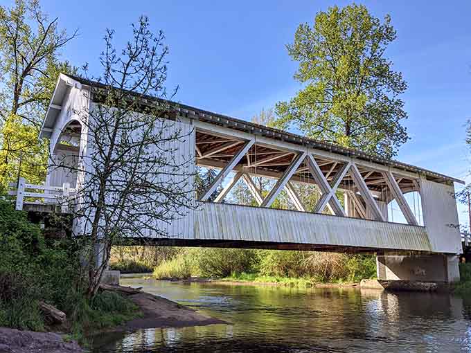 From down below, you really appreciate how gracefully this old bridge carries itself over Roaring River.