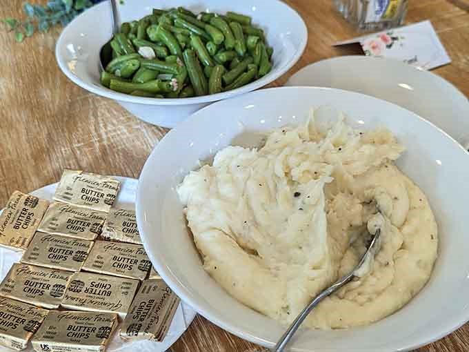 Mashed potatoes and green beans so good, they almost steal the spotlight from the star of the show.