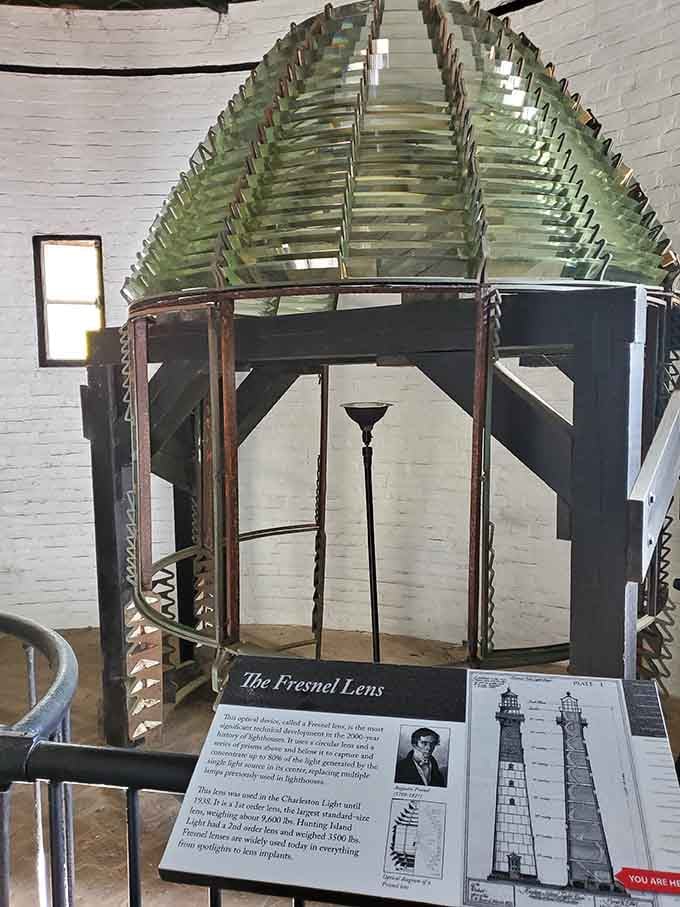 The Fresnel lens on display here once captured and concentrated light in ways that genuinely saved lives at sea.