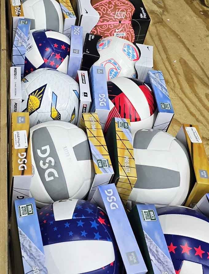 A whole bin of soccer balls and volleyballs, proof that Hylton's keeps even the most active shoppers very well supplied.