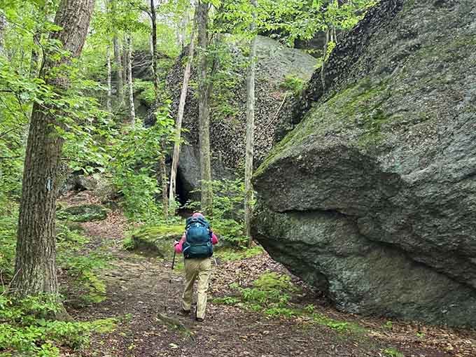 One hiker, one trail, one very large rock reminding everyone who's actually in charge out here.