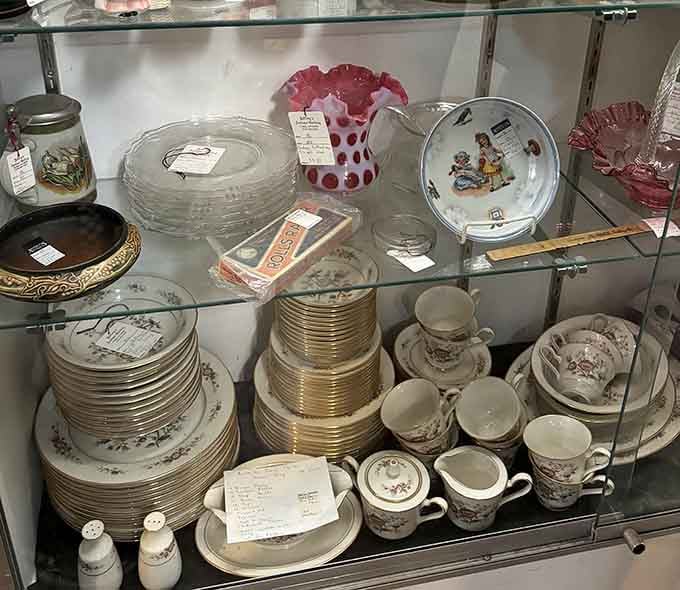 Delicate china and Depression glass wait patiently for someone to give them a second act at life.