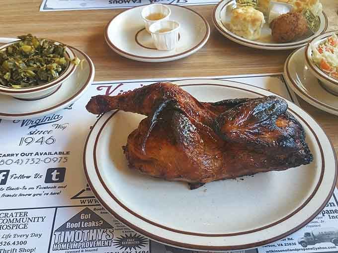 That barbecue chicken has a color that can only be described as "deeply committed," and the flavor backs it up completely.