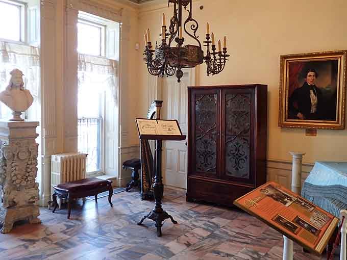 Marble floors, a candelabra chandelier, and portrait paintings watching your every move. No pressure at all.