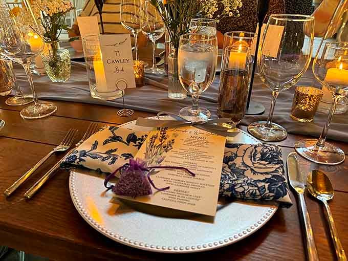 Every detail whispers elegance, from the candlelight to that perfect lavender sprig waiting on your plate.