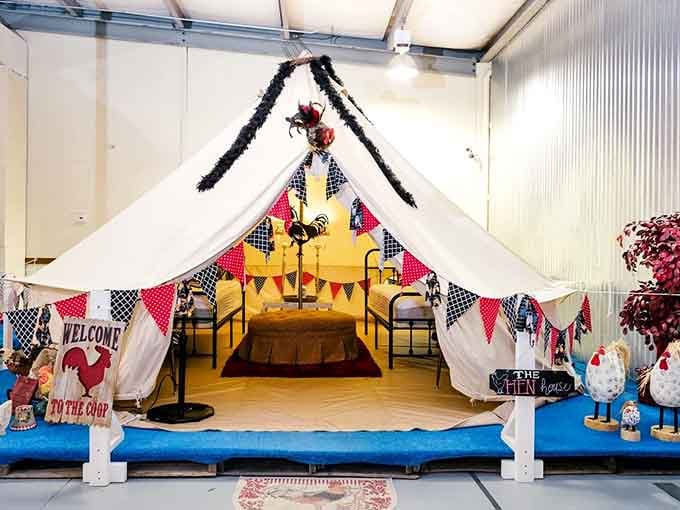 The Hen House tent welcomes you with rooster decor and bunting that means business, the fun kind.