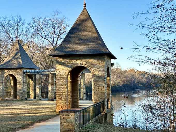 Amerson River Park's stone pavilion sits beside the water like something out of a fairy tale.