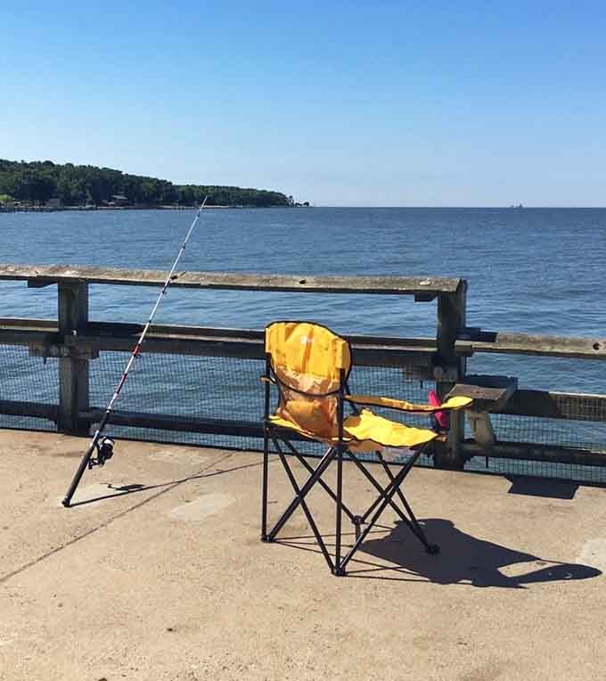 A yellow chair, a fishing rod, and the Bay Bridge ahead. Honestly, what else do you need?