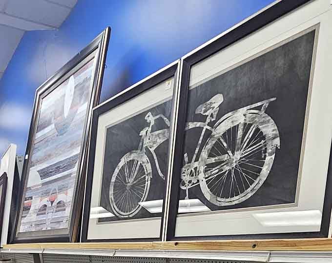 Framed artwork lined up like a gallery show, minus the snooty curator and the overpriced wine.