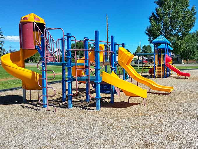 Primary colors, big slides, and a Colorado blue sky overhead, this playground is basically a happiness machine for anyone under four feet tall.