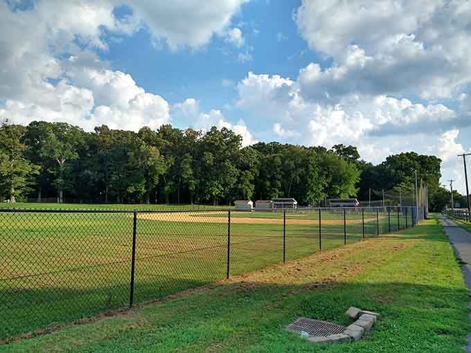 A perfectly kept baseball diamond tucked into Mullica Hill's greenery, because some things in small-town life never go out of style.
