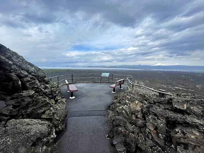 A curved viewpoint bench with a front-row seat to one of Oregon's most dramatic volcanic panoramas.