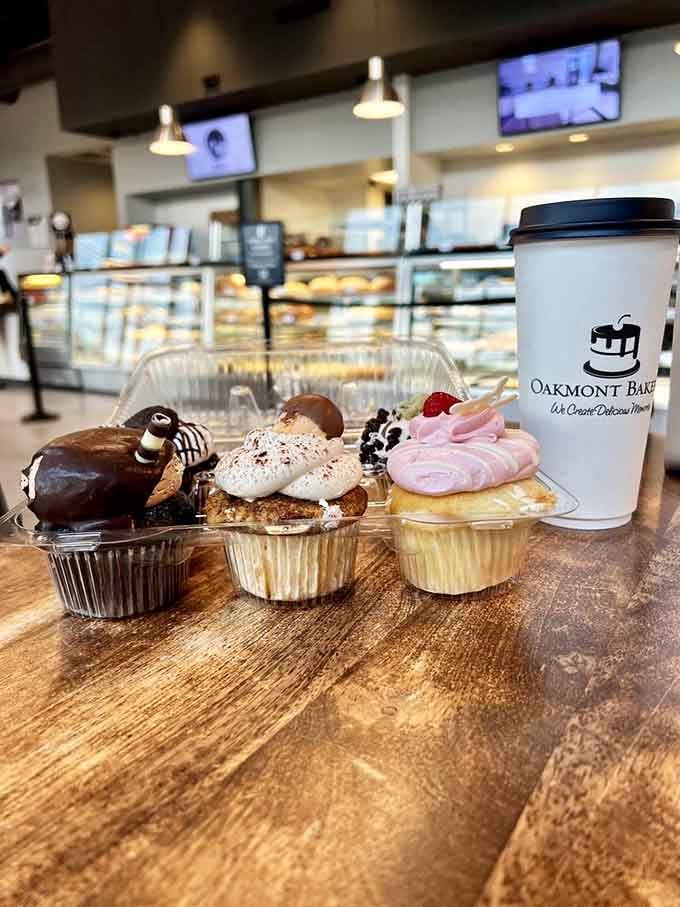 Three cupcakes walk into a bakery. Nobody leaves disappointed. Oakmont Bakery's cupcake lineup is pure, unapologetic joy.