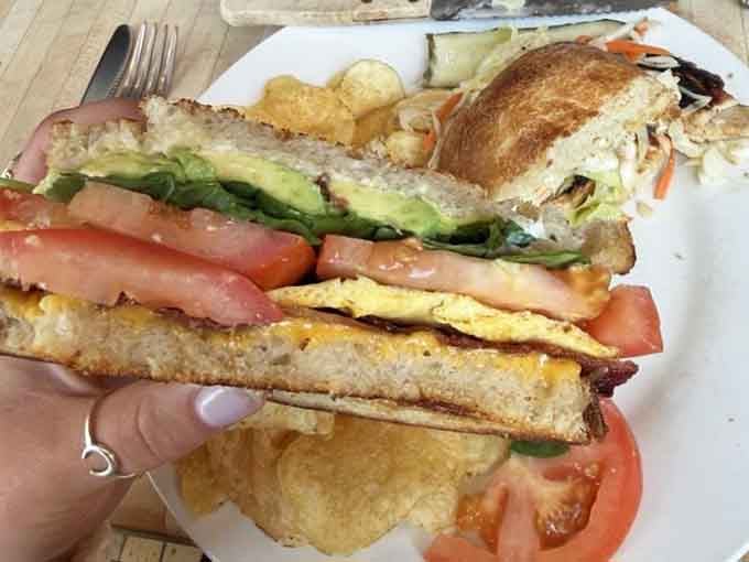 This towering sandwich situation proves that breakfast architecture can be both beautiful and structurally sound.