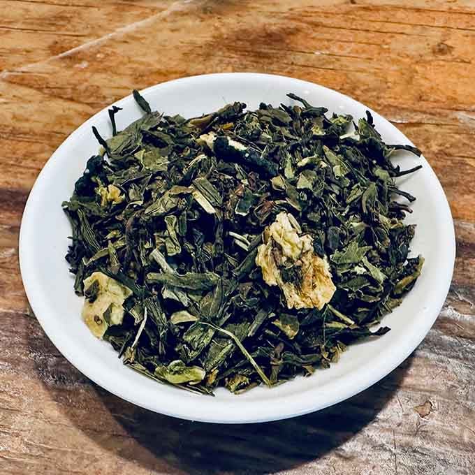 Fresh loose-leaf green tea up close, and suddenly that grocery store tea bag feels very embarrassed.