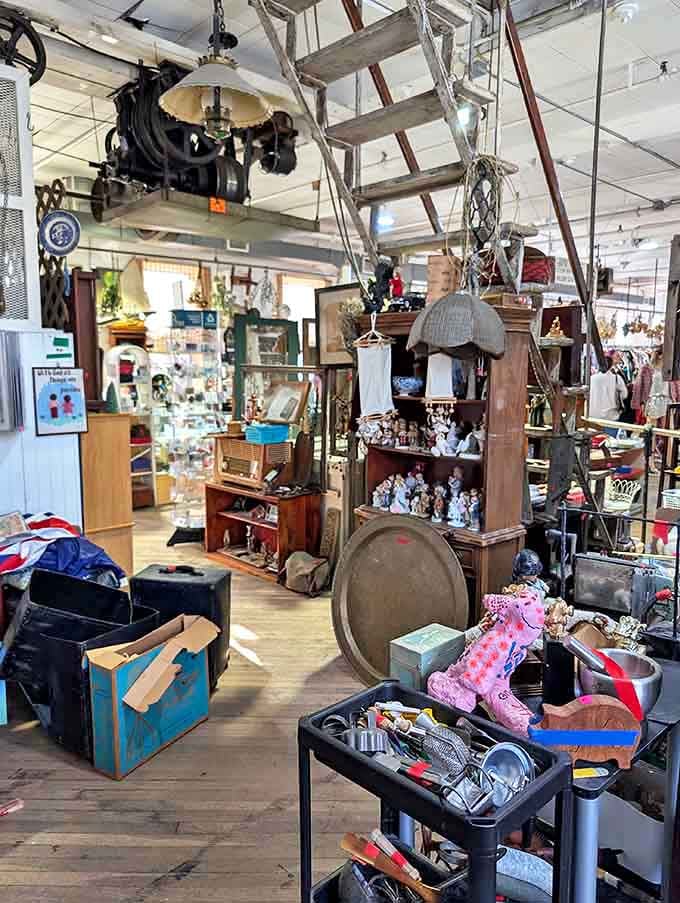 Vintage radios, figurines, and a ladder reaching toward the ceiling, this floor is basically a time capsule you can shop.