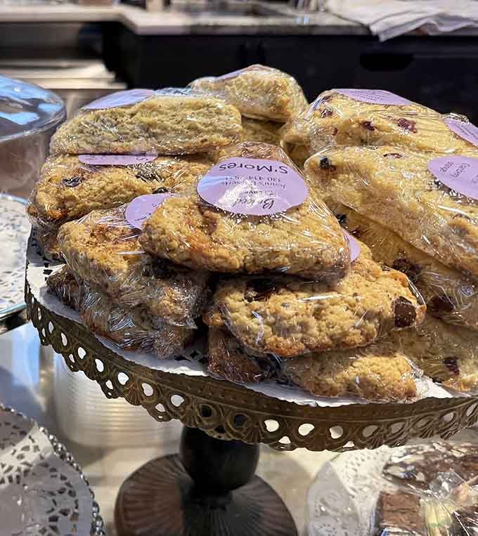 S'mores scones on a fancy stand, because some days deserve a little extra something.