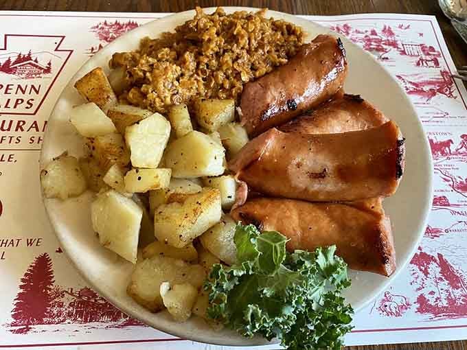 Grilled sausage, golden home fries, and a hearty side, this plate is basically a warm handshake from western Maryland.