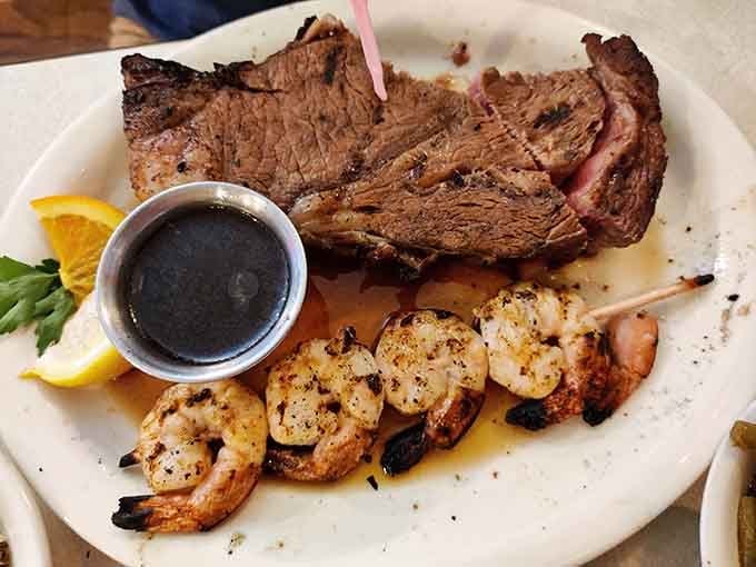 Steak and grilled shrimp sharing one plate is the culinary equivalent of a perfect road trip with your best friend.