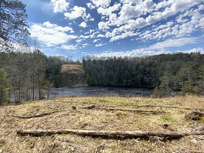 From up on the ridge, the river curves through the forest like a postcard nobody bothered to mail.