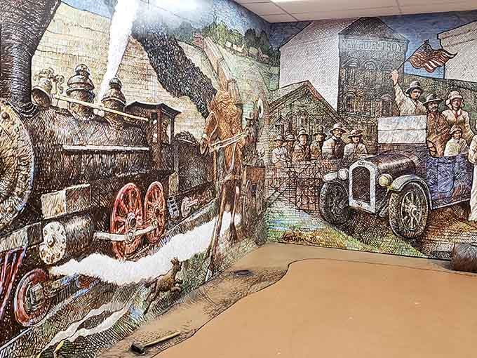 This stunning mural captures Alabama's journey from steam engines to automobiles in glorious artistic detail.