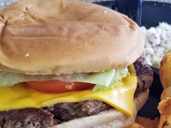 That's a proper cheeseburger. Black Angus beef, fresh toppings, and coleslaw on the side. No complaints here.