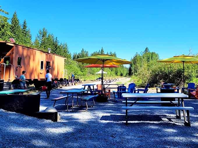 Picnic tables, colorful umbrellas, and fresh Pacific Northwest air. This is what a perfect rest stop looks like.
