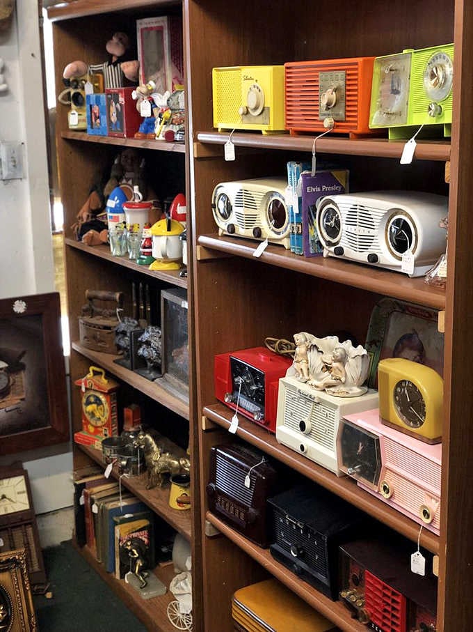 Shelves packed with mid-century radios in candy colors, each one a tiny time machine tuned to a better era.