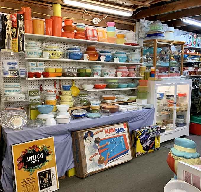 A rainbow wall of vintage Pyrex bowls proves that mid-century kitchenware never really went out of style.