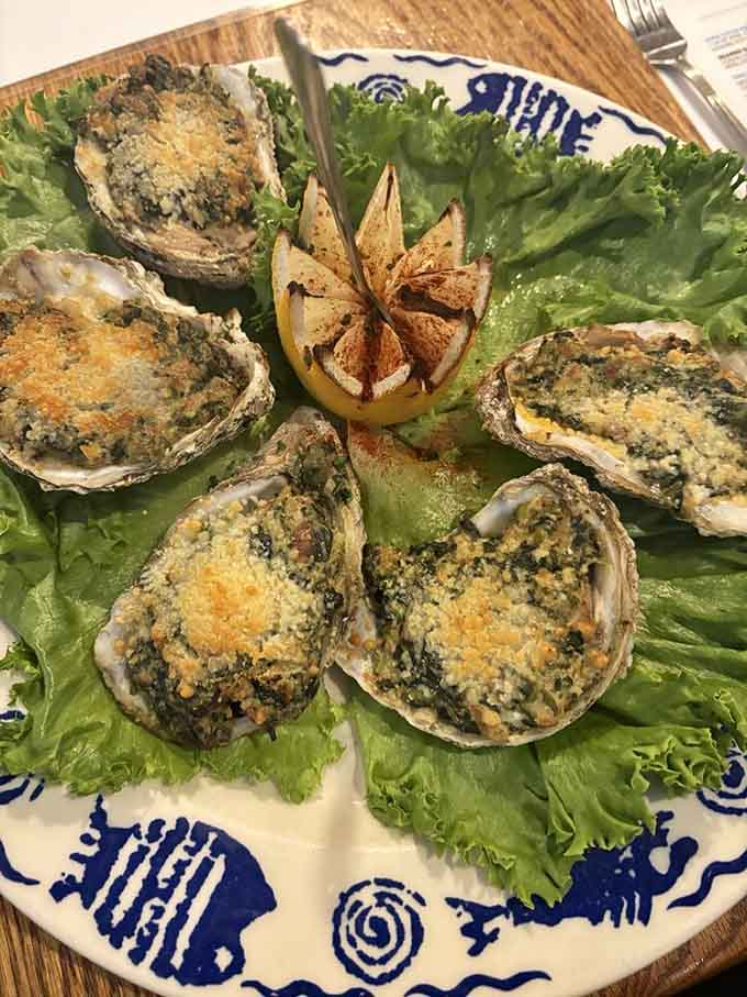 Oysters Rockefeller, golden-topped and gorgeous, proving Indiana plays serious seafood without apology.