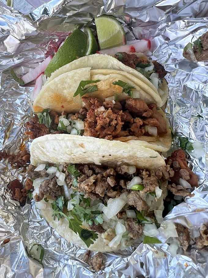 Wrapped in foil like a delicious present to yourself, these tacos arrive ready to remind you what real flavor tastes like.