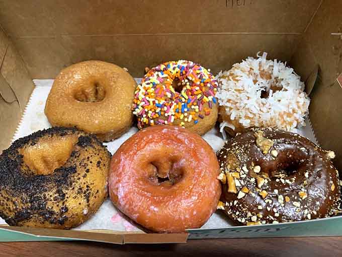 Six donuts, six personalities, zero regrets. That coconut one in the corner is already calling your name.