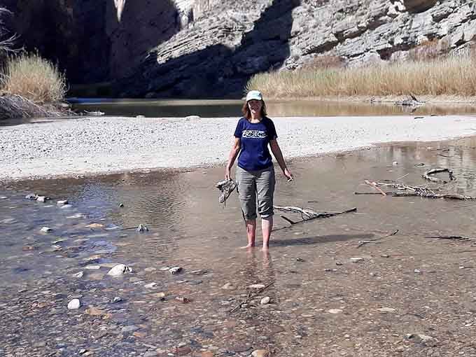 Shoes optional, wonder mandatory. The Rio Grande welcomes everyone at its rocky, peaceful shore.