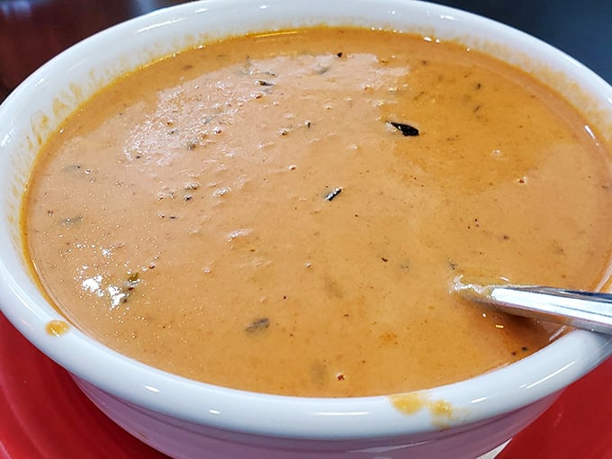 That tomato basil soup is the color of a perfect sunset and probably tastes even better than it looks.
