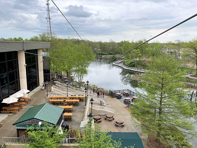 From this height, the whole Creation Museum campus looks like a painting someone forgot to frame.