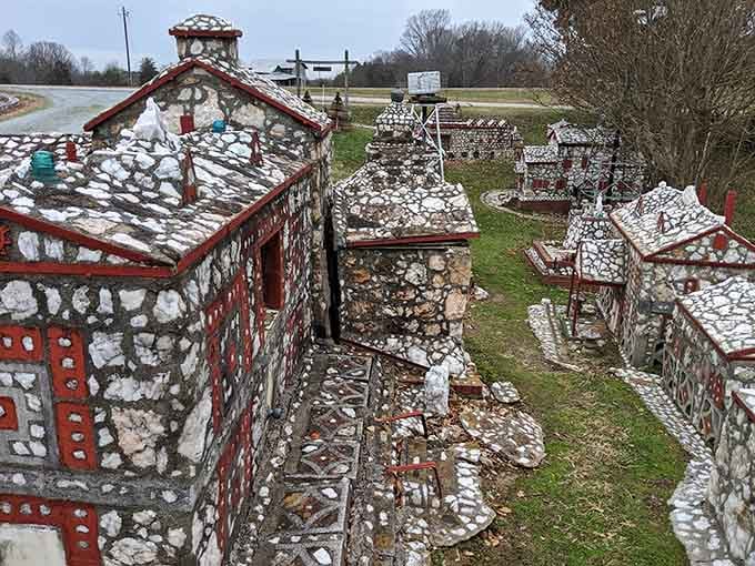 Rooftops lined up in a row, each one slightly different. Whoever built this had strong opinions about architecture.